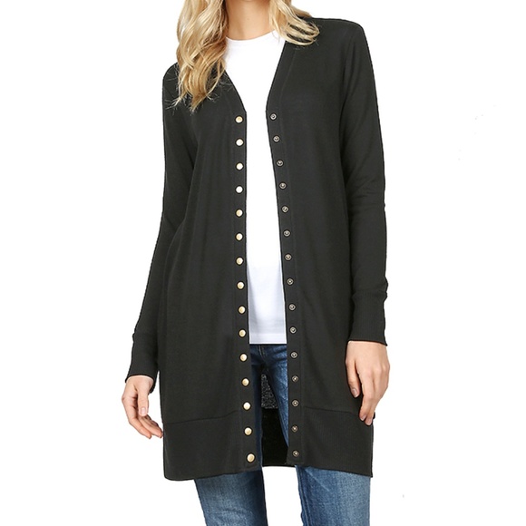 Zenana Outfitters | Sweaters | Black Extra Long Cardigan Brass Snap ...